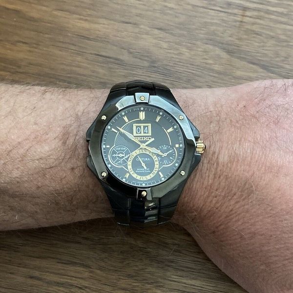 SEIKO SNP017 Coutura Kinetic Perpetual Calendar Black Dial & Band Men's ...