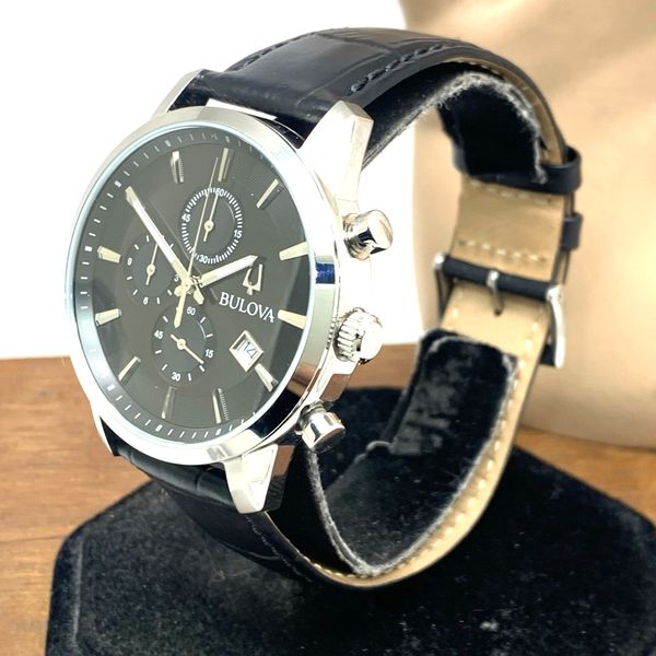 Bulova Men's Watch 96B403 Black Dial Quartz Chronograph Leather Band ...