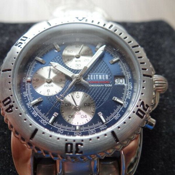 VINTAGE NOS MEN ZEITNER COMMANDO CHRONOGRAPH BLUE DIAL S/S BRACELET ...