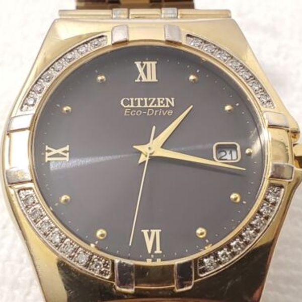 Vintage Citizen Eco Drive Men's Watch Gold Tone Black Dial Diamonds ...