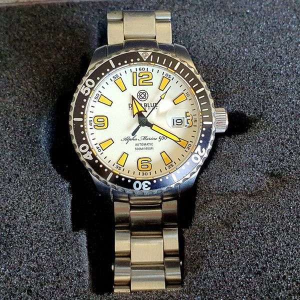 DEEP BLUE ALPHA MARINE 500 WHITE/ORANGE 42 MM AUTO DIVE WATCH w/ RARE ...