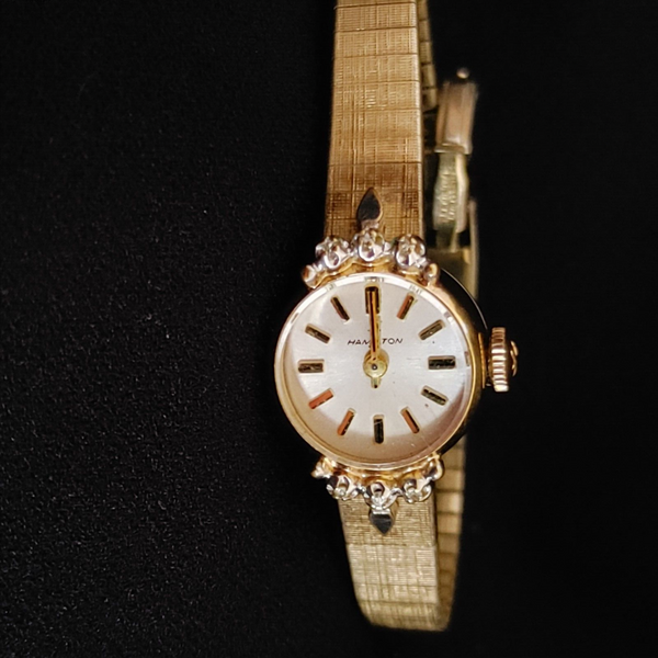 VINTAGE HAMILTON LADIES GOLD & DIAMOND WATCH 10K RGP GOLD BAND 826478 ...