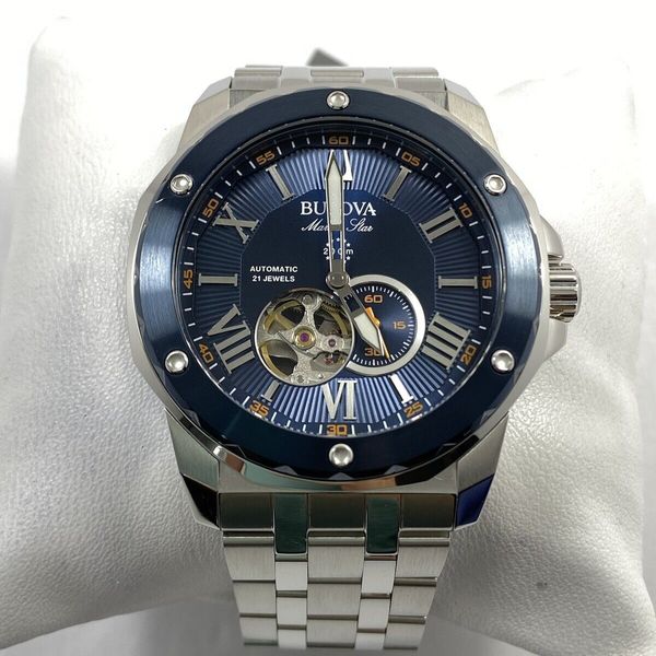 Bulova Marine Star Automatic Blue Skeleton Dial Steel Men's Watch ...