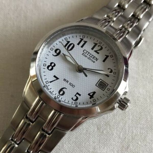 Citizen Eco Drive Watch All SS White Dial w Date E011-S064899 NWOT Very ...