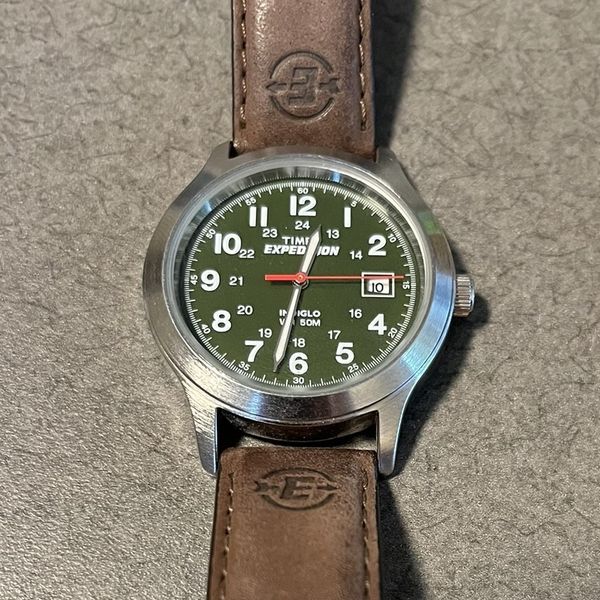 Timex Men's T40051 Expedition Green Face Brown Leather Strap Watch ...