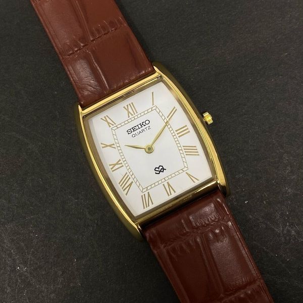 RARE Gold Case Vintage Seiko Slim Tonneau Tank Quartz Men's Gold Watch ...