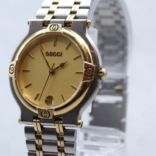 [Near Mint w/ Box ]Vintage Gucci 9000M Gold Dial Two-Tone Men's Quartz ...