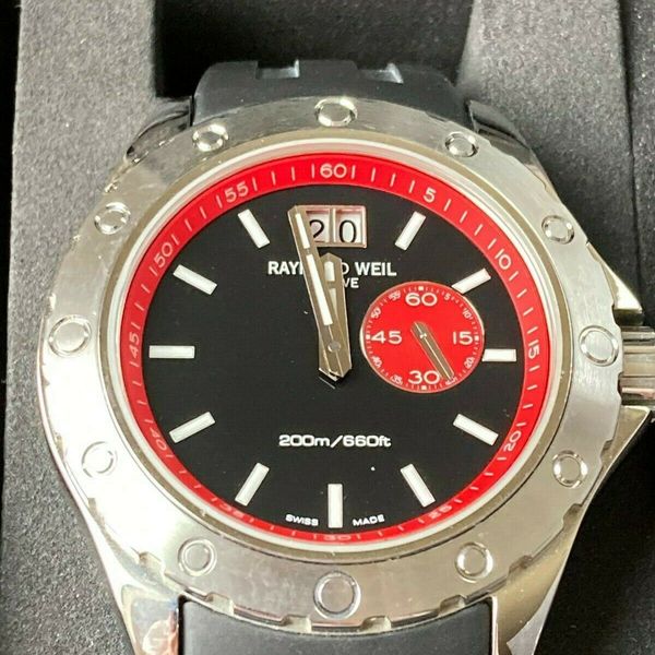 Raymond Weil 8300 Sport Rubber Band Men's Black and Red Dial Watch-New ...