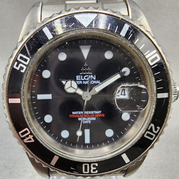Elgin Treasure International Dive Watch Men Black Dial Titanium Date ...