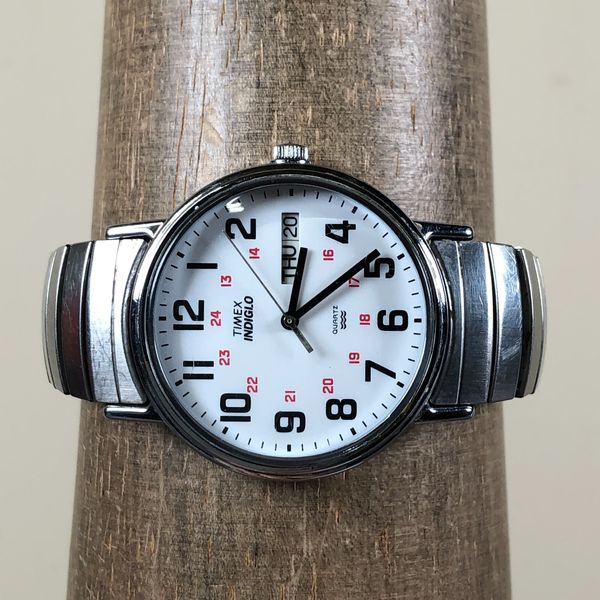 Timex Indiglo Men Day Date Silver Expansion Band 35mm Quartz Analog ...
