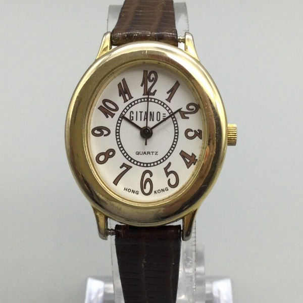 Vintage Gitano Watch Women Gold Tone Oval Dial Brown Leather Band New ...
