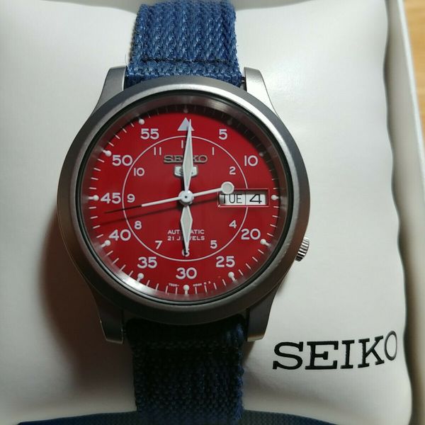 Seiko 5 Red Face Blue Canvas Automatic Watch SNKM95 Excellent Condition ...