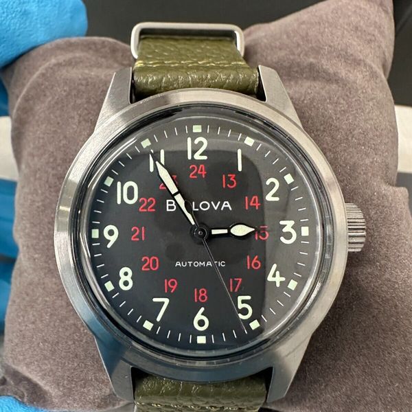 Bulova Hack 98A255 Automatic 38MM Black Dial Leather Strap Men's Watch ...