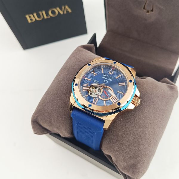 Bulova Marine Star Men's Blue Gold Dial Rubber 98A227 Steel Automatic ...