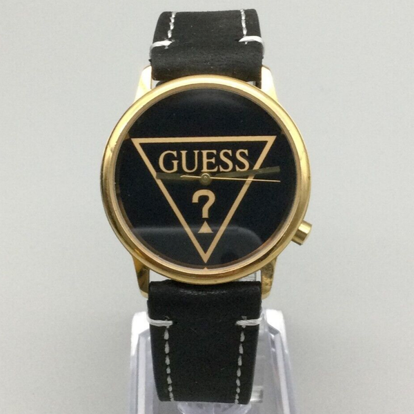 Vtg Guess Watch Women 34mm Gold Tone Logo Dial Leather Band 1993 New ...