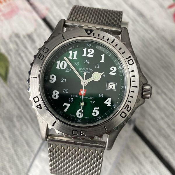 Rotary Watch SWISS COMMANDO Menâ s Vintage 1990s Green Dial Swiss Made ...