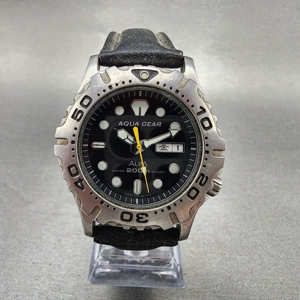 Seiko Alba Aqua Gear Dive Watch Men 38mm Black Dial Silver Tone Daydate ...