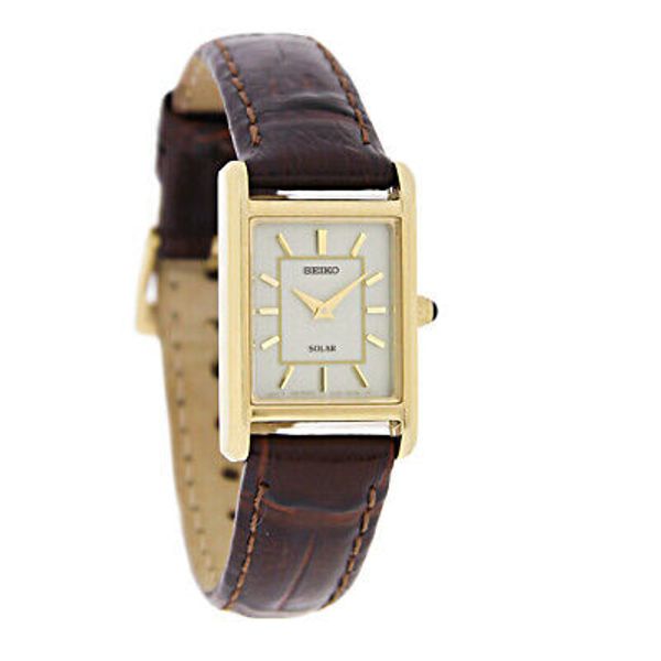 Seiko Solar Quartz Ladies Champagne Dial Gold Tone Brown Strap Watch ...