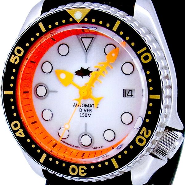 SEIKO 7002 Diver Quartz Mod -w/Neon Orange Fishbone Hands * Mother of ...
