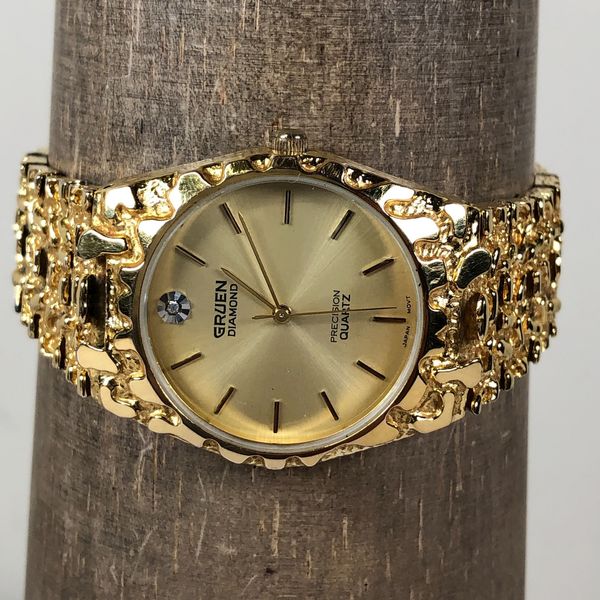 Vintage Gruen Precision Men Diamond Gold Tone Nugget Quartz 32mm Watch ...
