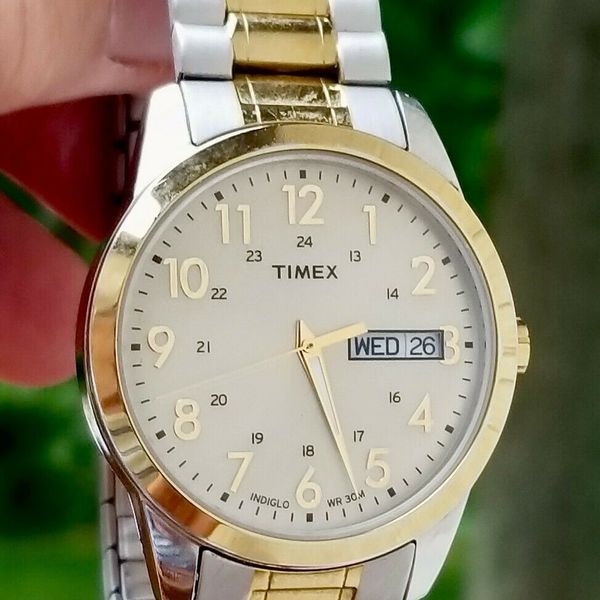 Timex Men's Watch Light-Up Dial Two-Tone Stretch Band, Day/Date ...