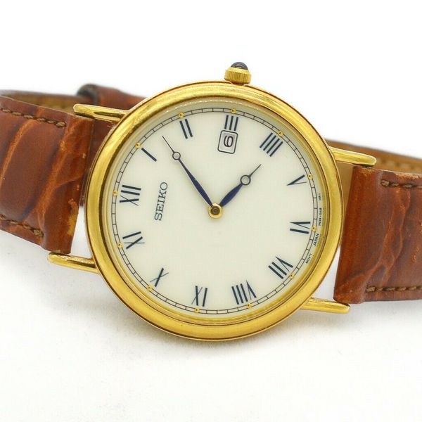 VINTAGE SEIKO QUARTZ MEN'S GOLD TONE WATCH WITH BROWN LEATHER BAND 7N39 ...