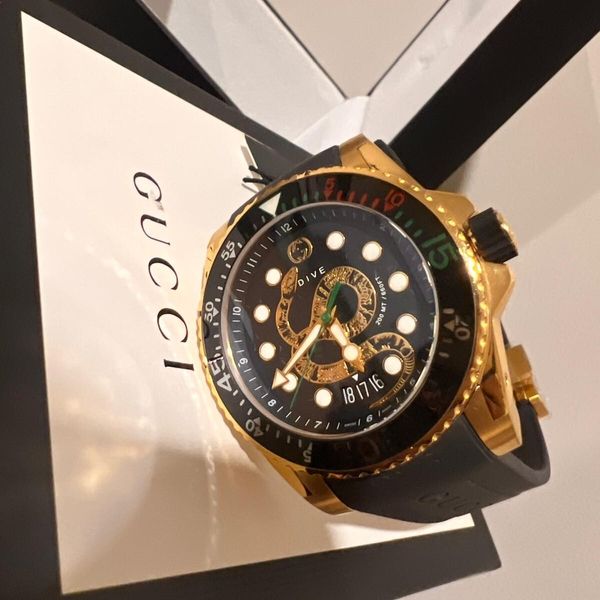 Gucci Dive Black & Gold Quartz 45mm Mens Watch Snake Pattern YA136219 ...