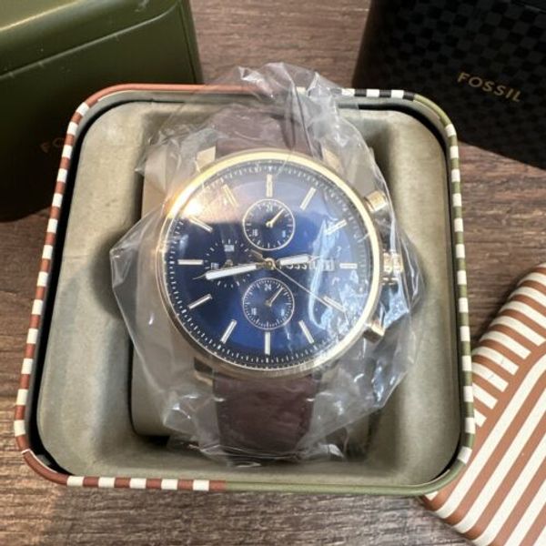 FOSSIL Rhett Chronograph Gold Blue Brown Leather BQ2848 Men's Watch ...