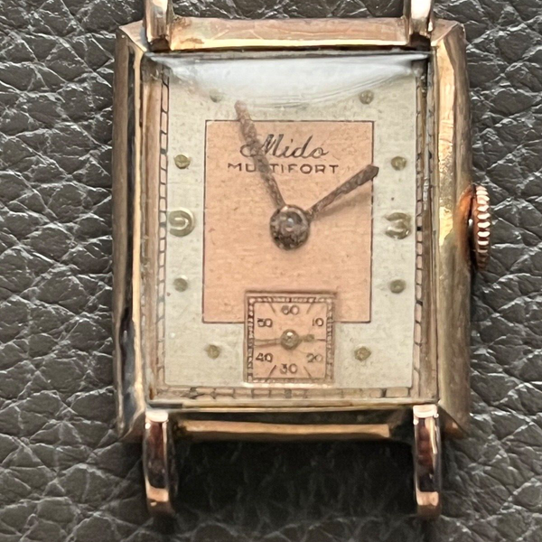MIDO VINTAGE PINK GOLD FILLED 2-TONE DIAL RECTANGLE WRISTWATCH, RUNNING ...