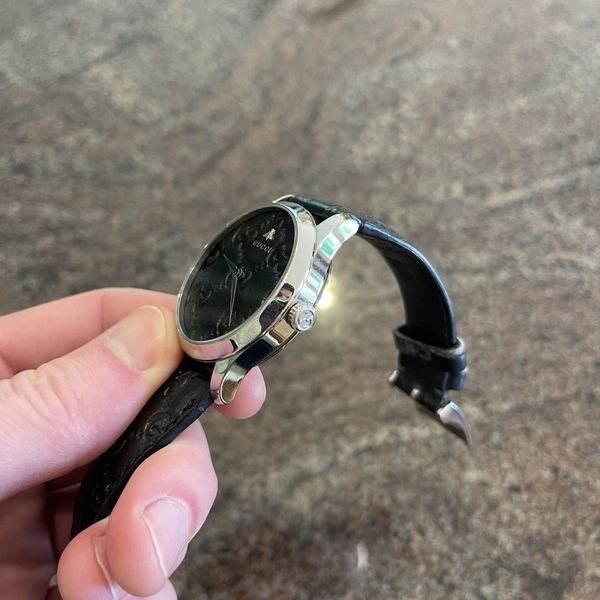Menâ s Gucci Timeless GG Monogram Watch Stainless Steel Black Leather ...