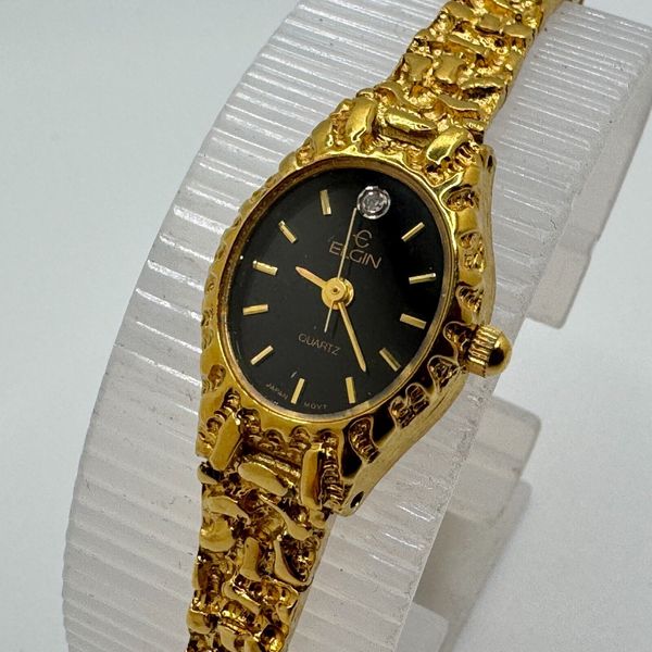 Vintage Elgin Diamond Quartz Watch Women Gold Nugget Tone Black New ...