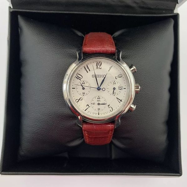SEIKO 7T12-0BA0 Chronograph Red Leather Strap White Dial Ladies Watch ...