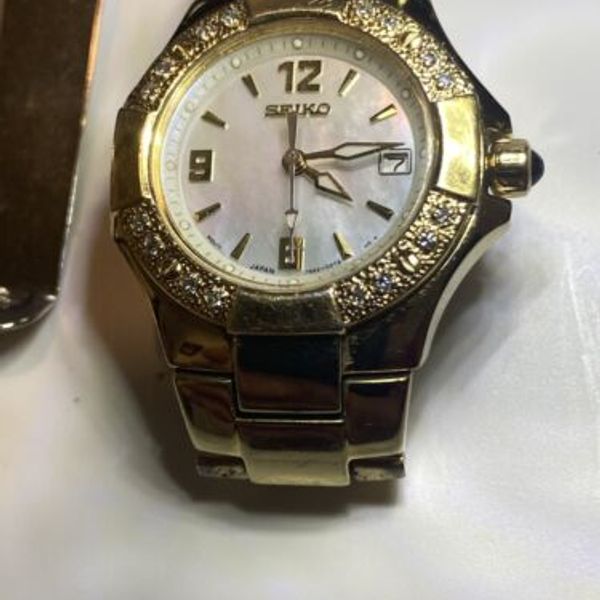 Seiko Women 7N82-0BF0 Quartz Watch Gold Bracelet Band Round MOP Dial ...