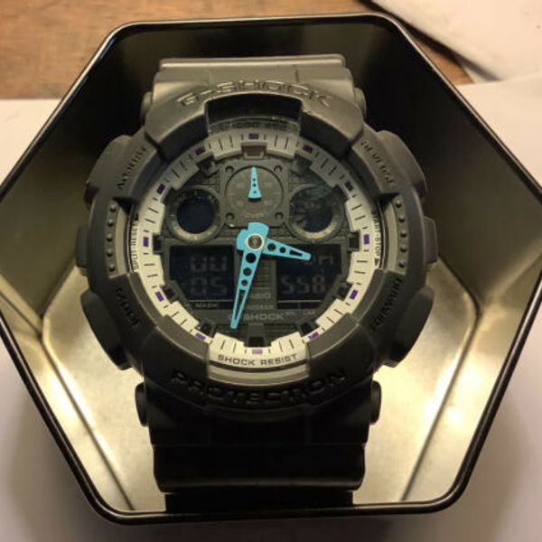 casio g-shock GA-100A Men’s Watch Working Original Box Sky Blue Hands ...