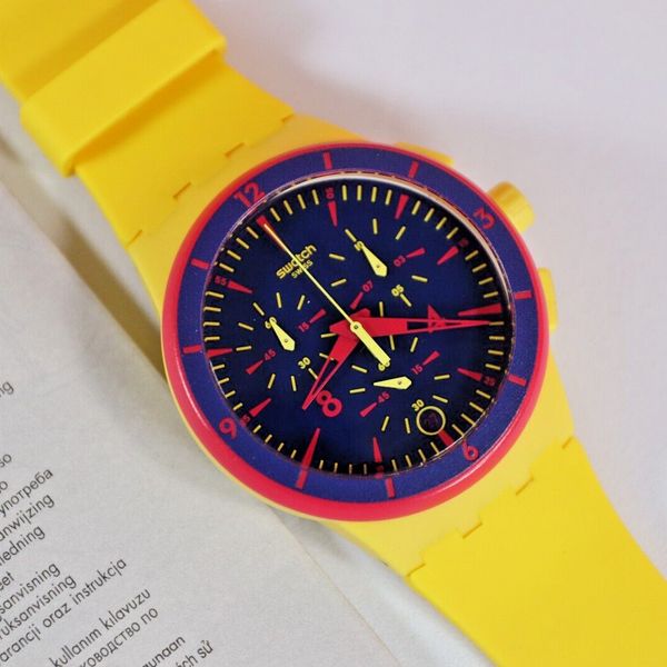 Swiss Swatch Chrono GLOW LOOM Yellow And Navy Date Sports Men's Watch ...