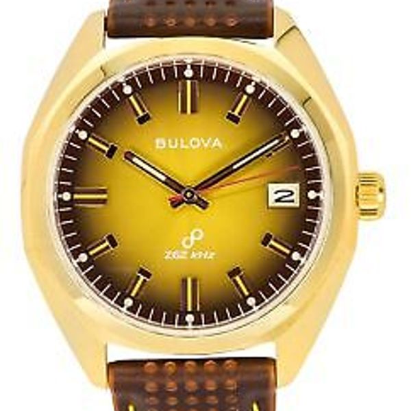 Bulova Jet Star Leather Strap Gold Tone Dial Quartz 97B214 Men's Watch ...