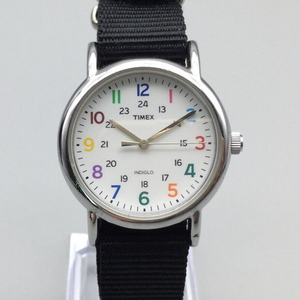 Timex Weekender Watch Women Silver Tone Rainbow Black Band New Battery ...