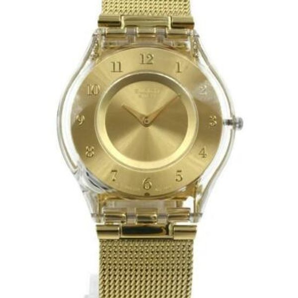 New Swiss Swatch Skin Classic GENEROSITY Gold Mesh Watch 34mm SFK355M ...