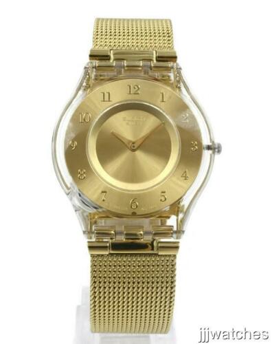 New Swiss Swatch Skin Classic GENEROSITY Gold Mesh Watch 34mm SFK355M ...