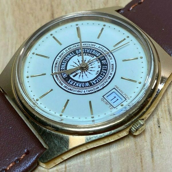 Vintage Hamilton 9850 IBEW Men Gold Tone Swiss Analog Quartz Watch Hour ...