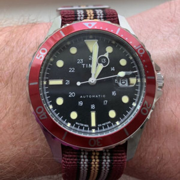 Timex Navi XL 41mm Red Bezel Automatic Watch with extra straps ...