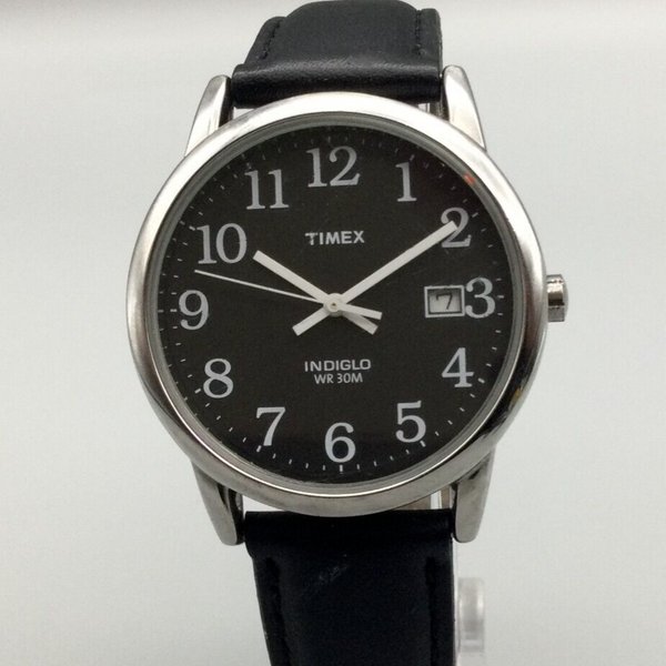 Timex Watch Men Silver Tone Date Black Dial 30M Date Indiglo Leather ...