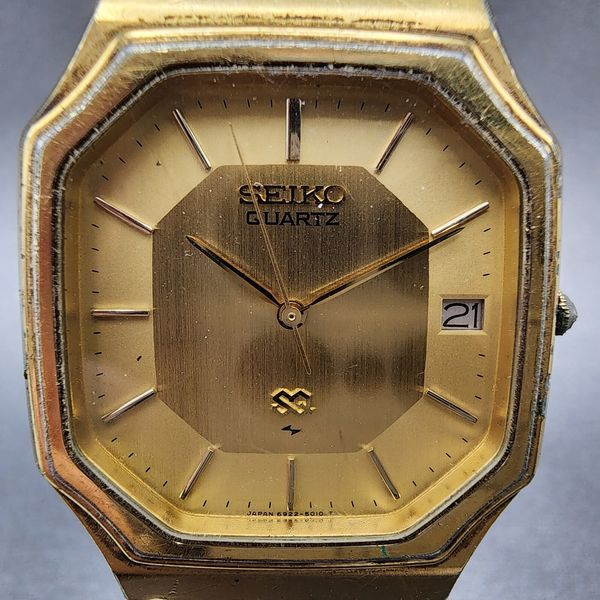 VTG Seiko SQ Watch Men 32mm Gold Dial Gold Tone Date Octagon 6922-5010 ...