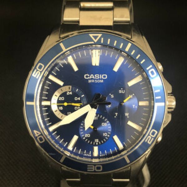 Casio 5374 5302 Blue Bezel & Dial Chronograph Watch Analog Date Day 24 ...