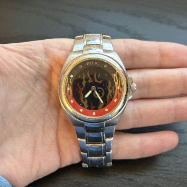 Super Rare Working Relic By Fossil Men's Wrist Watch Moving 8Ball Flame ...