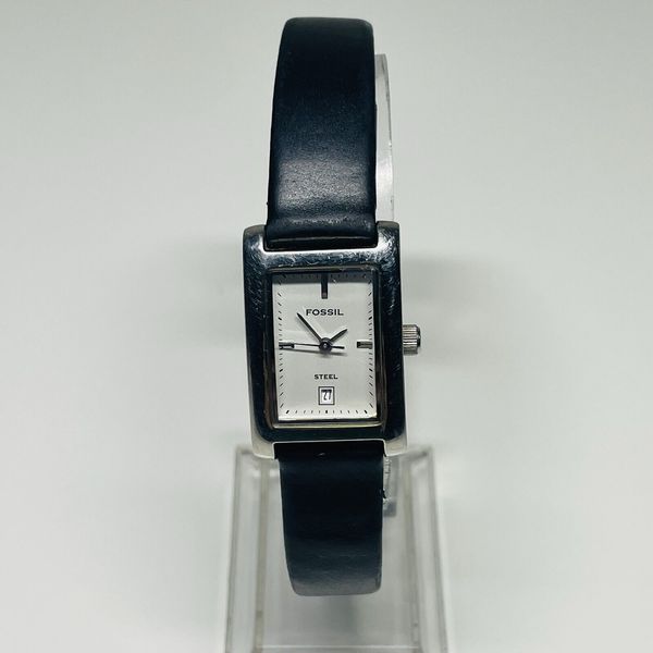 Fossil Tank Watch Women 20mm Silver tone Steel Rectangle Leather Day ...