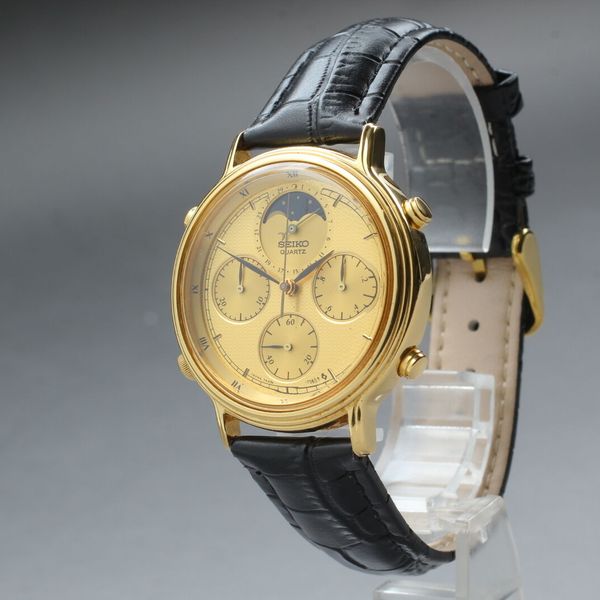 [Near MINT] SEIKO Moon Phase 7A48-702A Chronograph Quartz Gold Men's ...