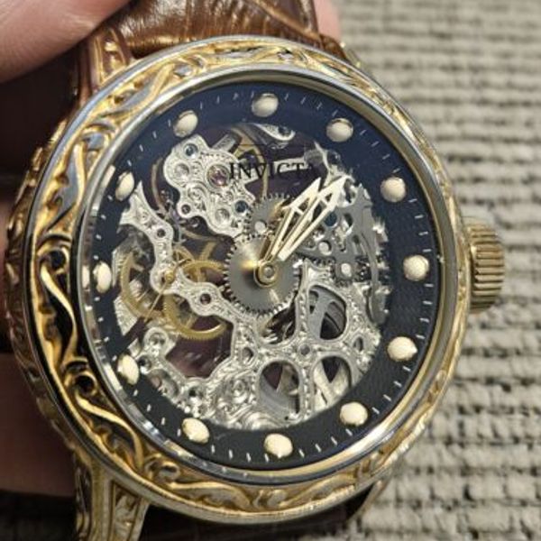 Invicta Men's Scrollwork Skeleton EXCALIBUR Automatic Watch Brown Strap ...