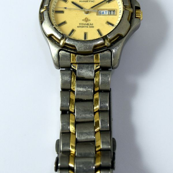 Seiko Mens 5M43-0B69 Kinetic Titanium 2 Tone White Dial Day Date 100M ...