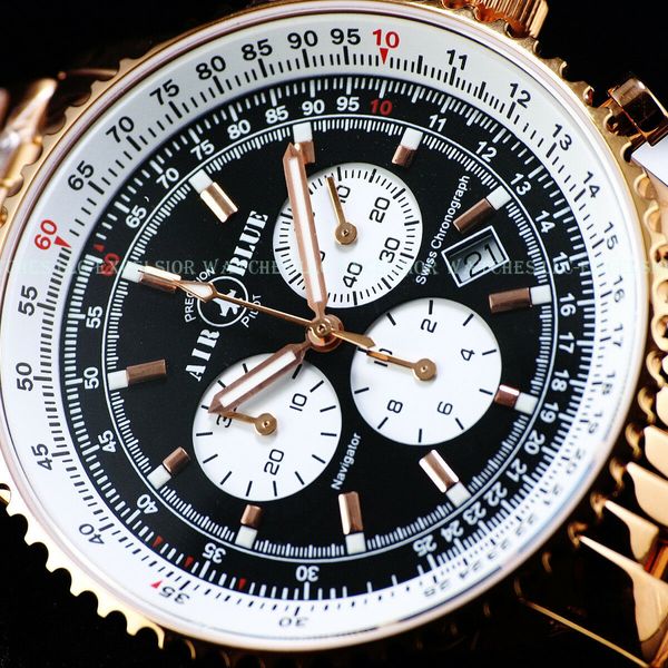 New Air Blue By Deep Blue Navigator Swiss Chrono Black Dial Rose Gold ...